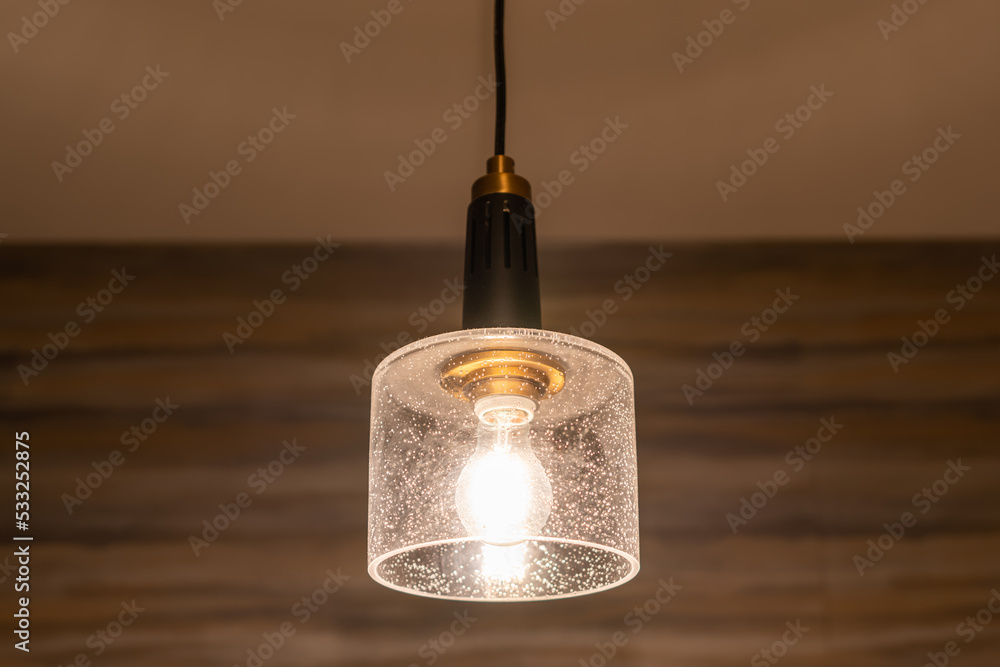 Hanging incandescent light bulb with tungsten filaments with a wall ...