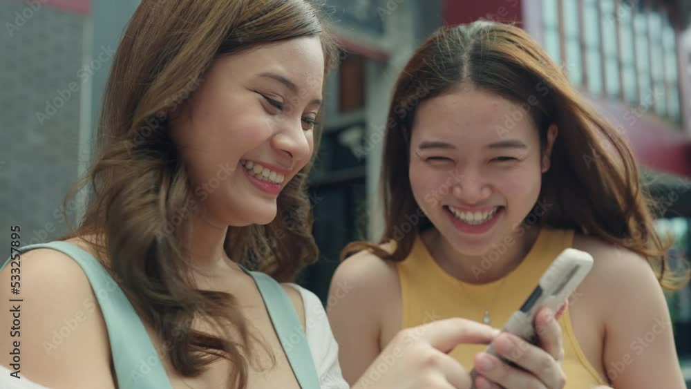 Young Gen Z asia people trending influencer teen girl look at phone ...