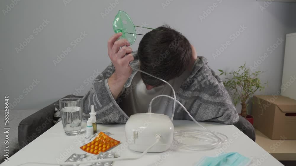 Medical equipment for inhalation with respiratory mask, nebulizer. Man ...