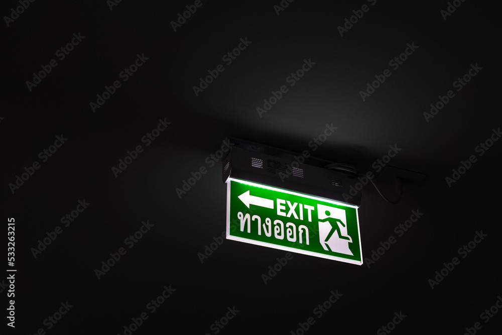 Green sign, exit sign, fire escape route, mounted on the ceiling of the ...