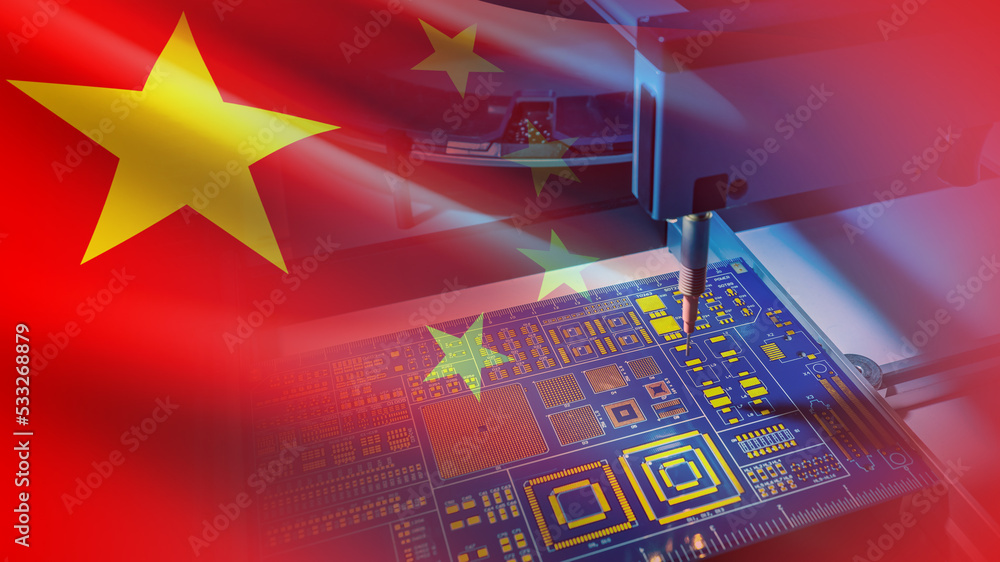 Chinese microelectronics. China flag and PCB. Electronic printed ...