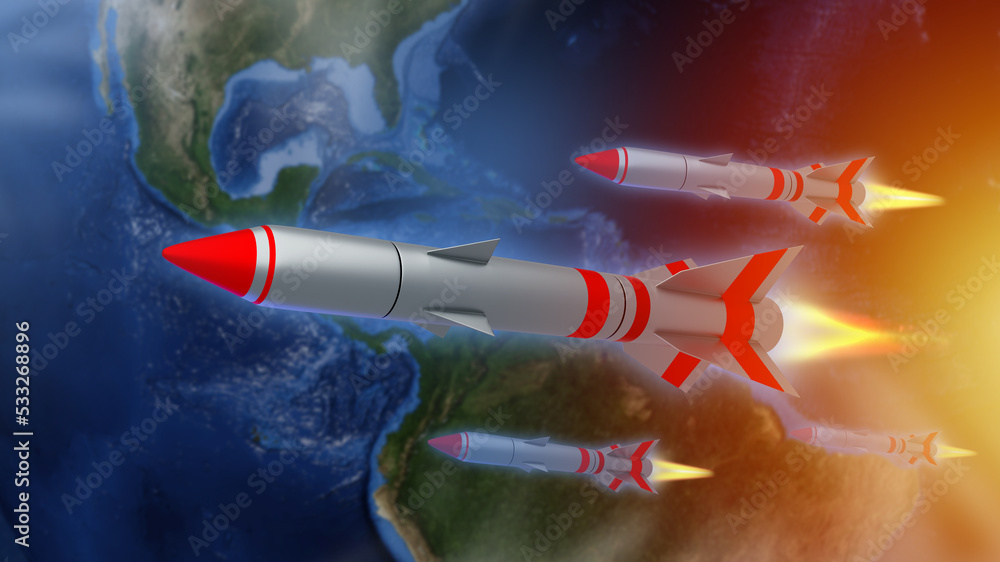Threat nuclear war. Missiles fly over earth. Military nuclear ...
