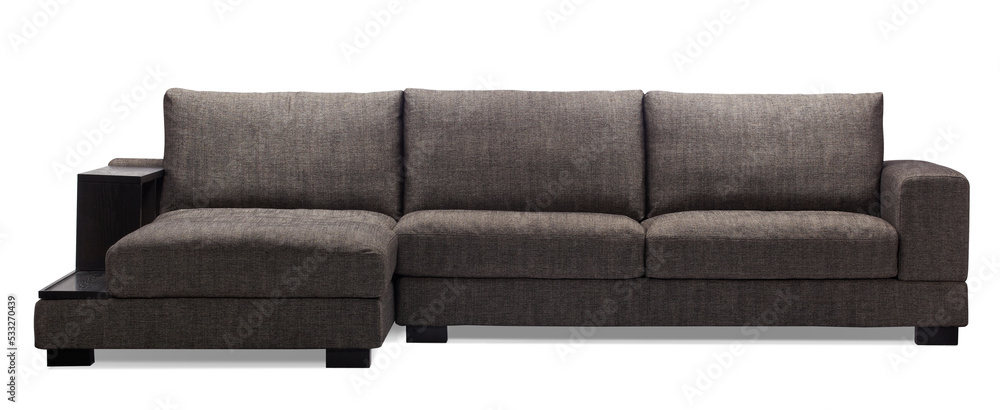 Dark brown fabric 3 seater L shape minimalist sofa with black wooden ...