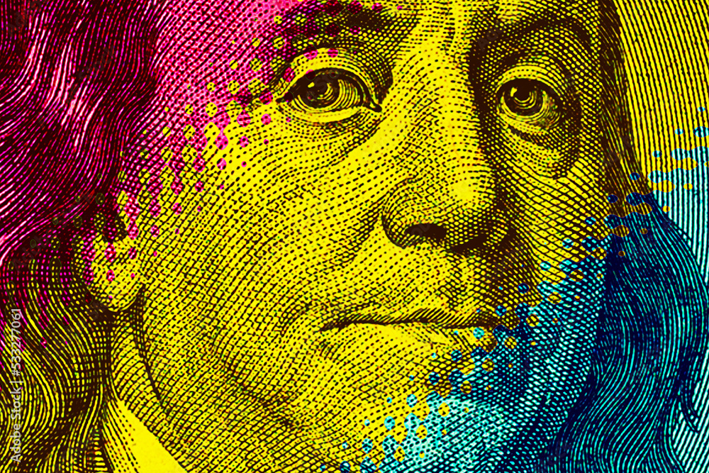 Contemporary artwork close up president banknotes face. Digital texture ...