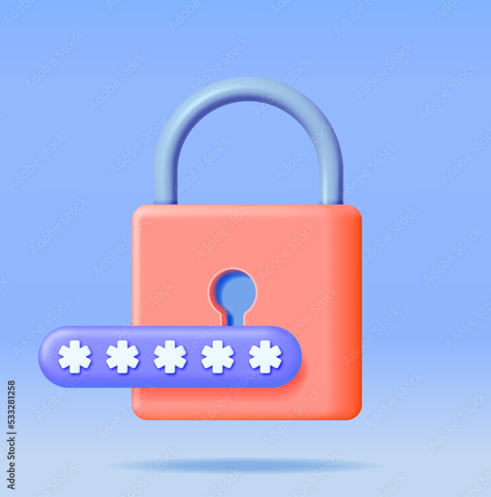 3D Password Field with Padlock Isolated. Render Hidden Password Symbol ...