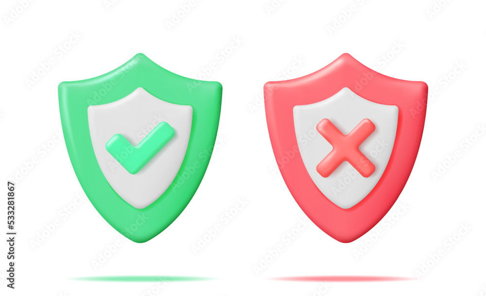 3D Right and Wrong Button in Shield. Green Yes and Red No Correct ...