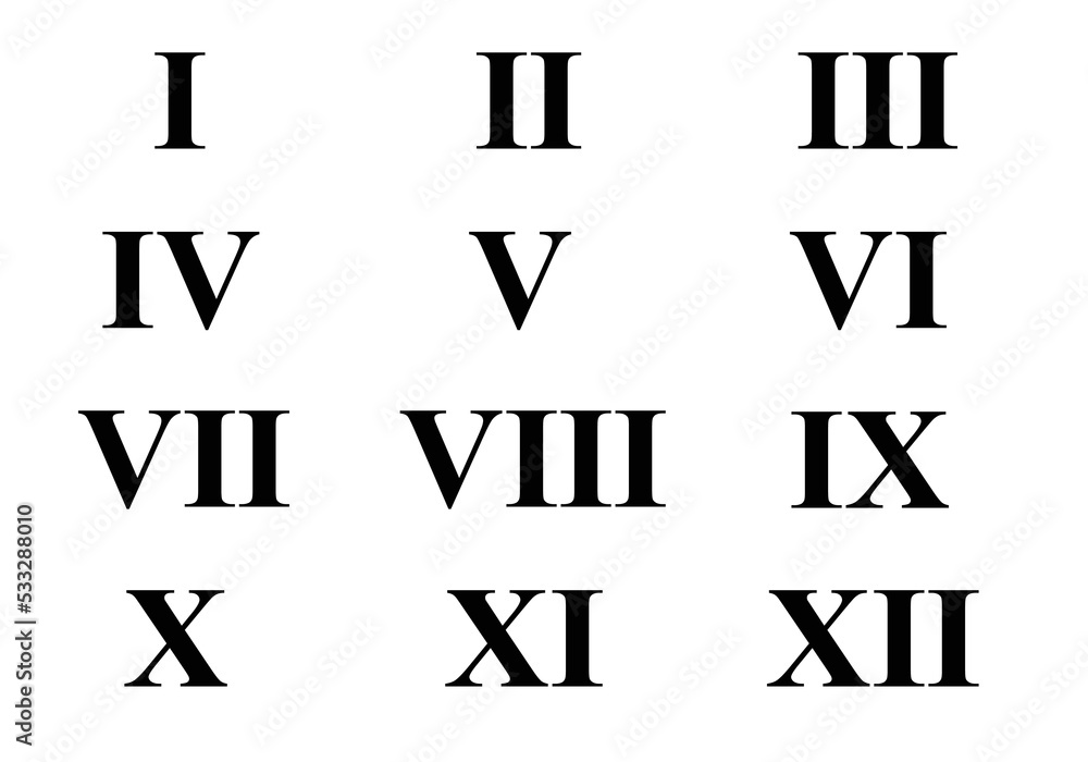 Set of roman numerals isolated on white background. Numbers from one to ...