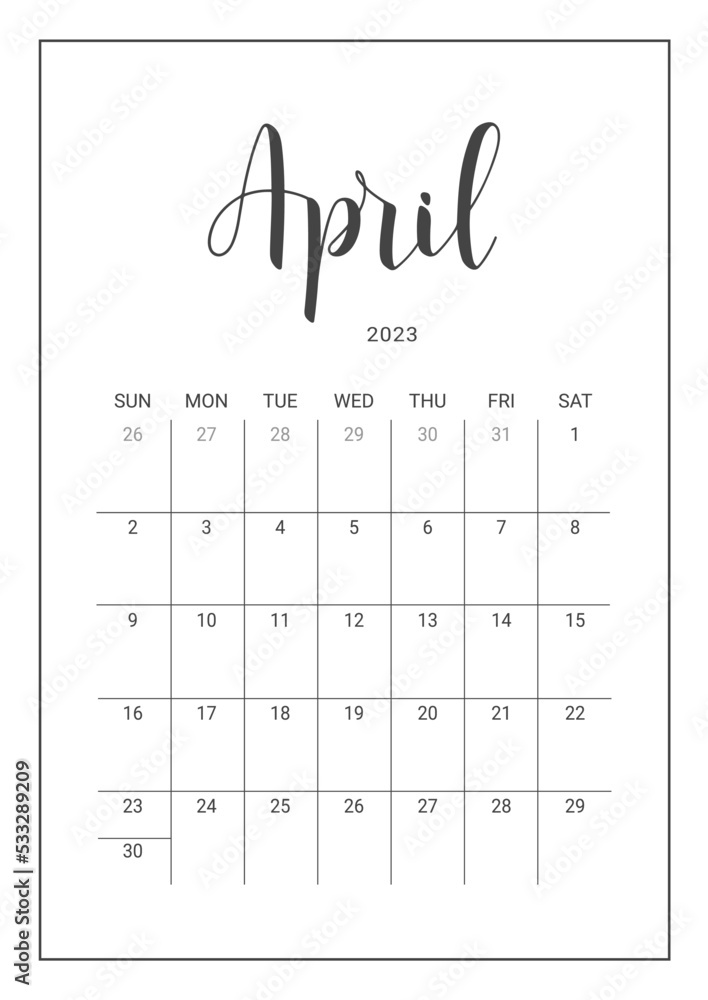 Vector Calendar Planner for April 2023. Handwritten lettering. Week ...