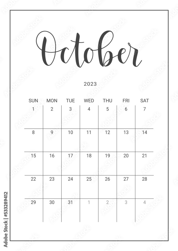 Vector Calendar Planner for October 2023. Handwritten lettering. Week ...