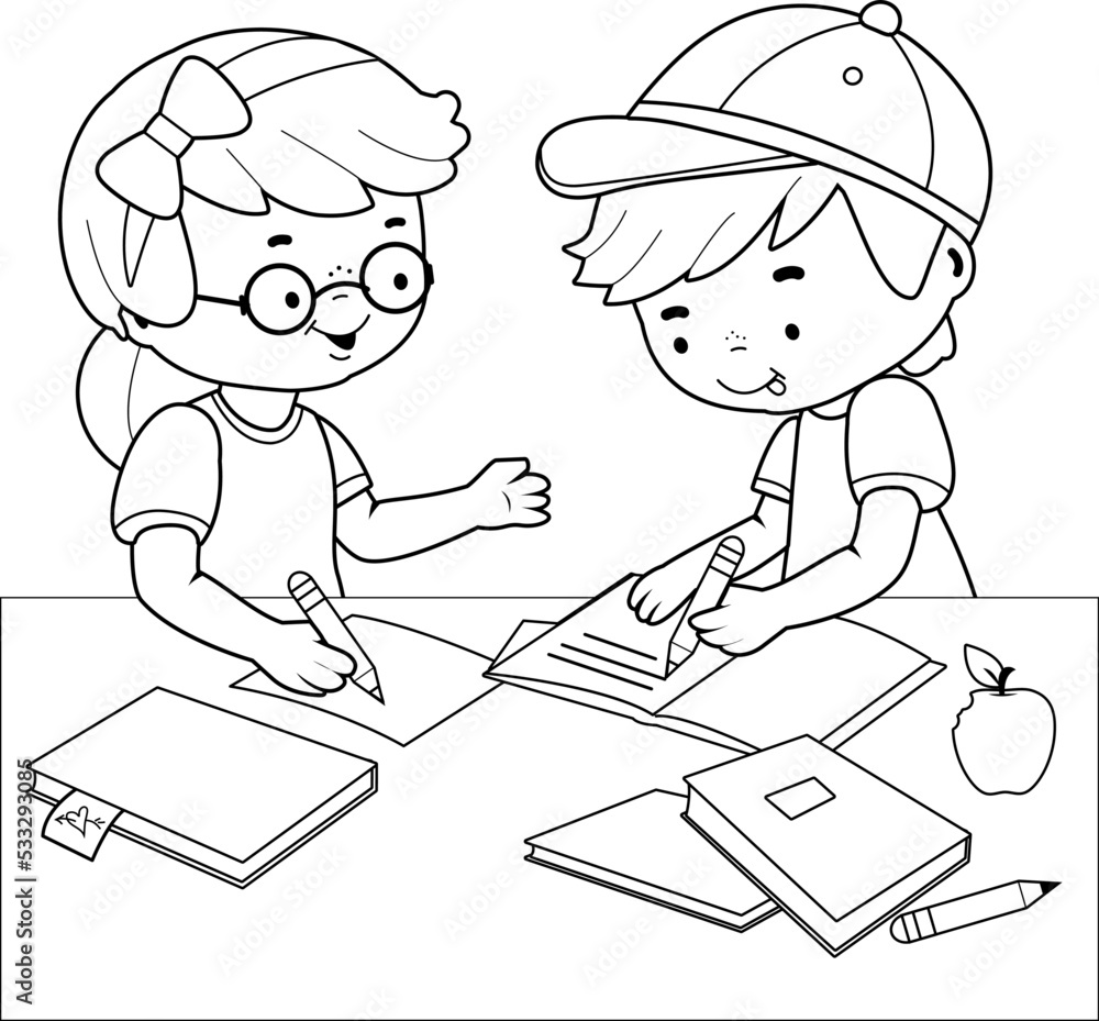 School children doing their homework. Vector black and white coloring ...