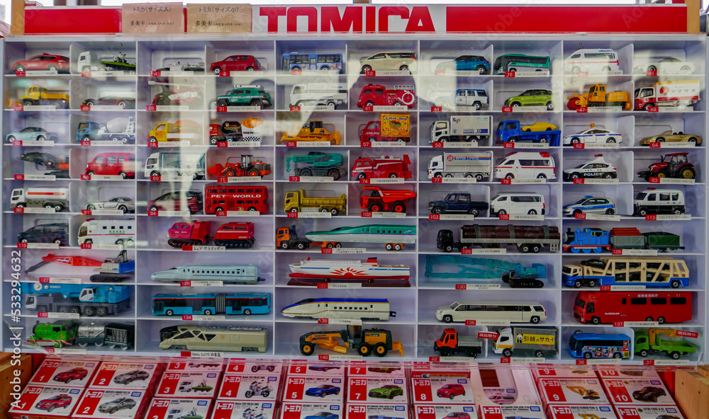 KYOTO, JAPAN-CIRCA 2018 : Assortment of Tomica die cast toy cars on ...