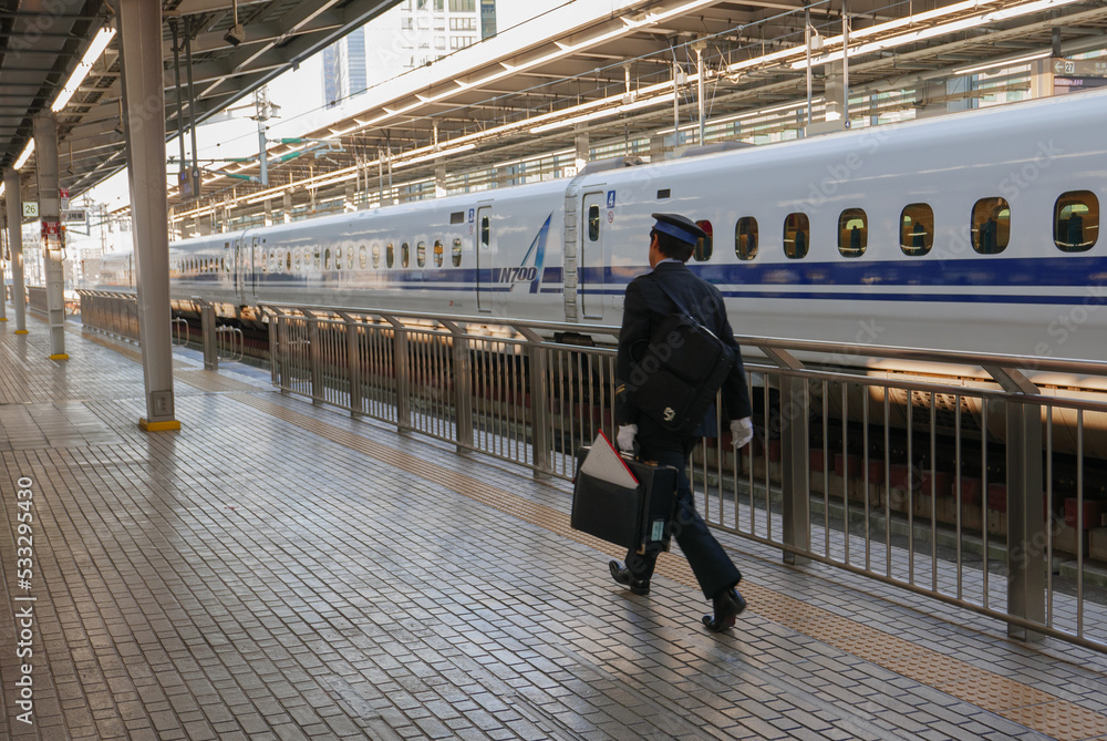 SHIN-OSAKA, JAPAN-CIRCA 2018: Train pilot ready to takes his shift at ...
