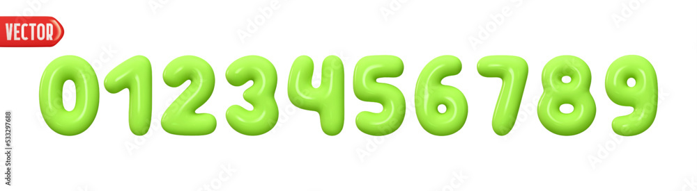 Green numbers from 0 to 9. Collection of voluminous inflated color ...