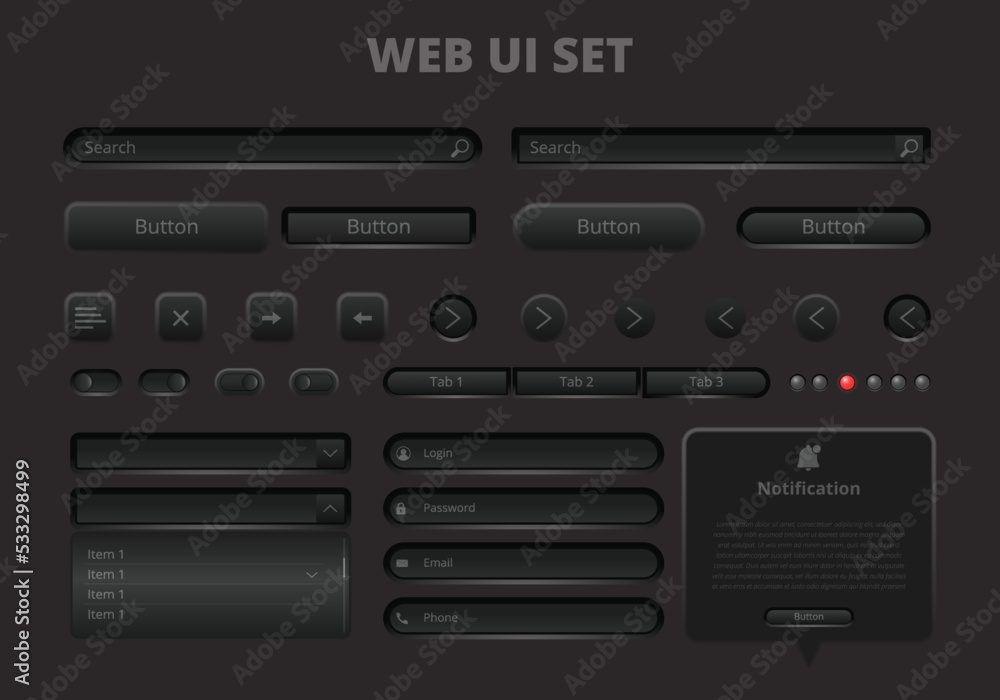 Dark web UI elements. Buttons, switches, bars, power button, slider ... Dark web UI elements. Buttons, switches, bars, power button, slider ...