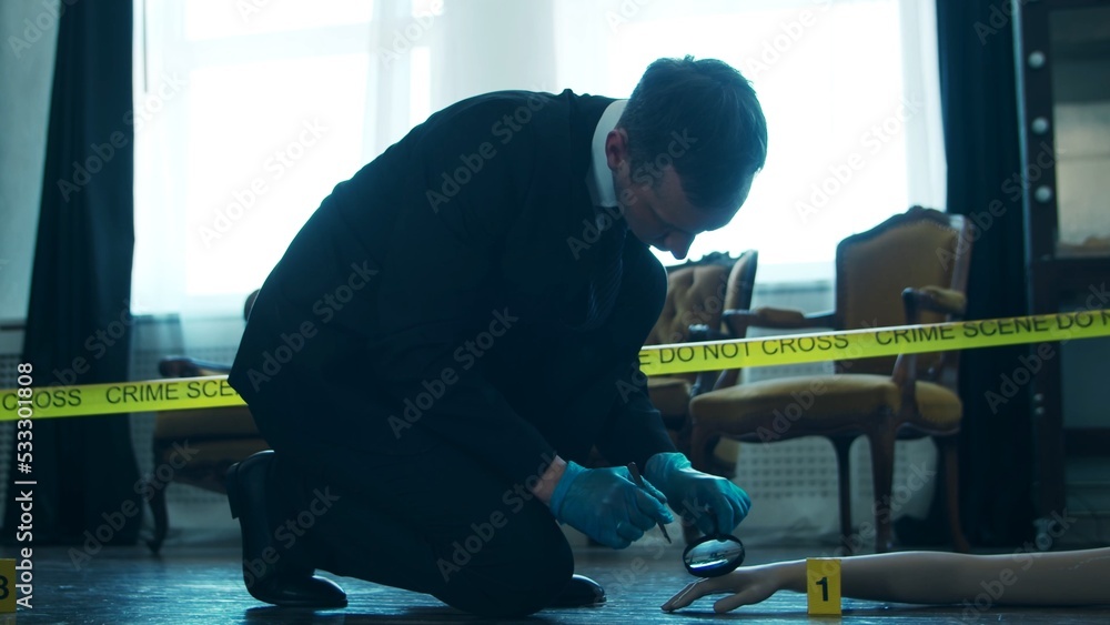 Detective Collecting Evidence in a Crime Scene. Forensic Specialists ...
