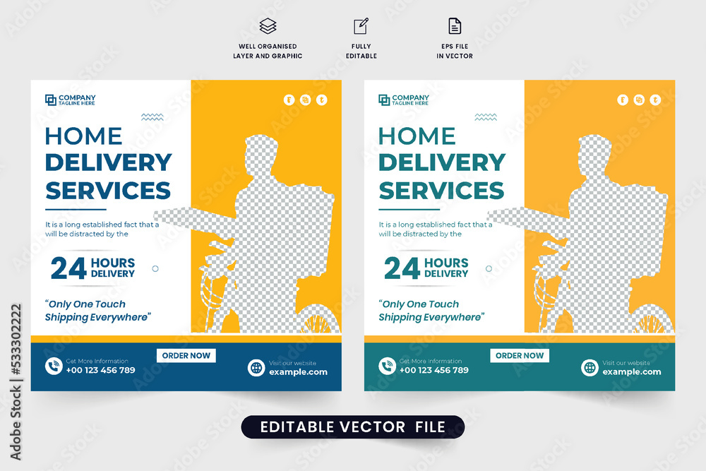 Online food delivery service template with blue and yellow colors. 24 ...