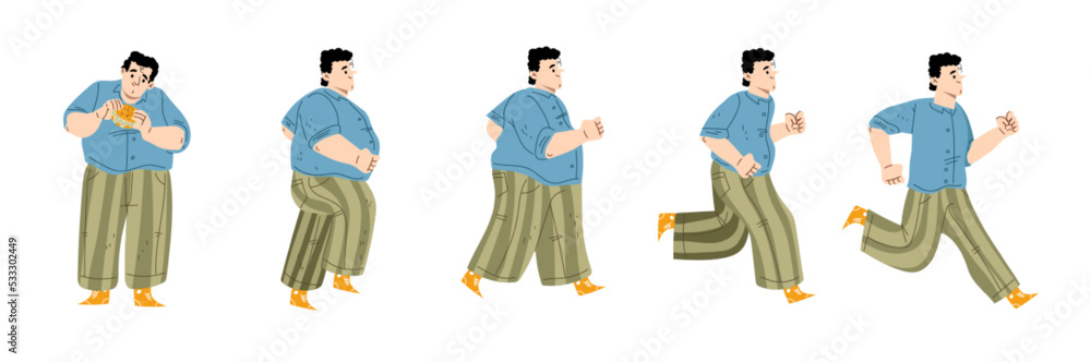 Fat man eat hamburger, start running and loss weight. Person with ...