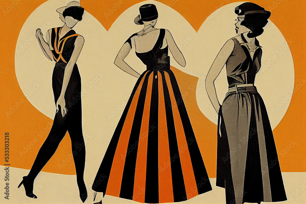 Three women models posing, modelling vintage dresses in an Art Deco ...