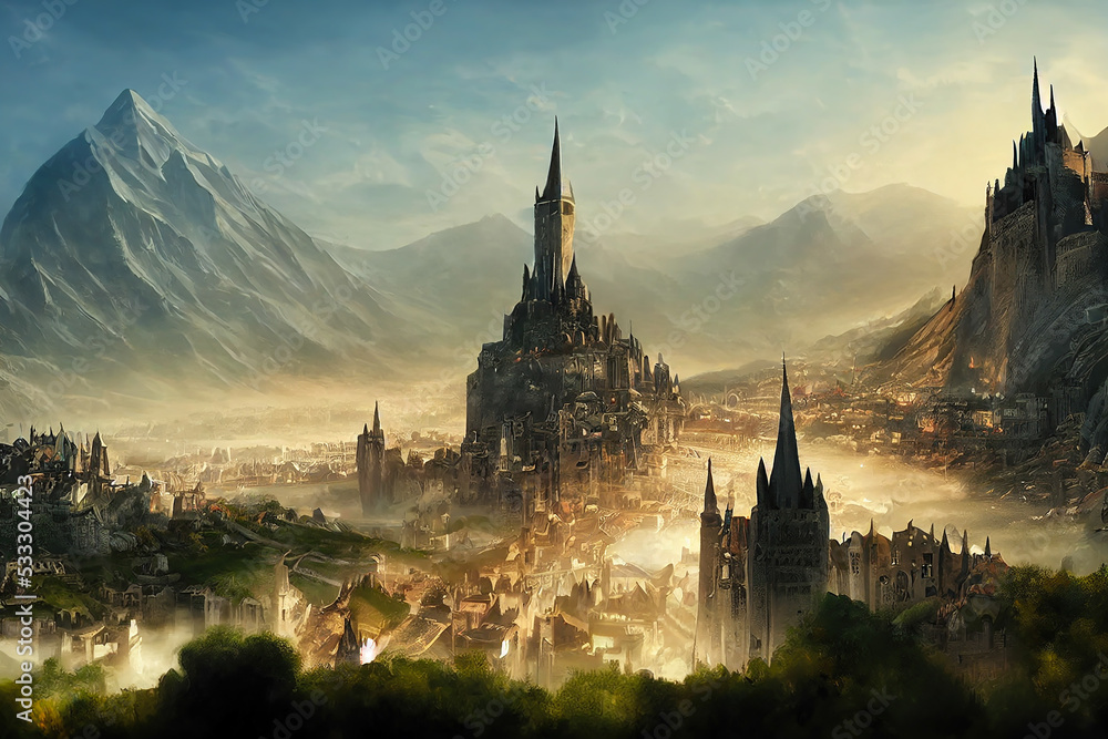 Magical castle surrounded by a large medieval city and mountains ...