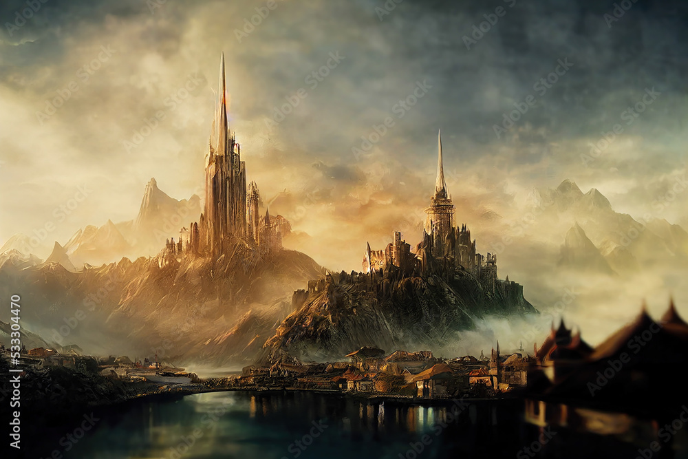 Aerial view of an ancient Middle Ages city of Gondolin with a lake in ...