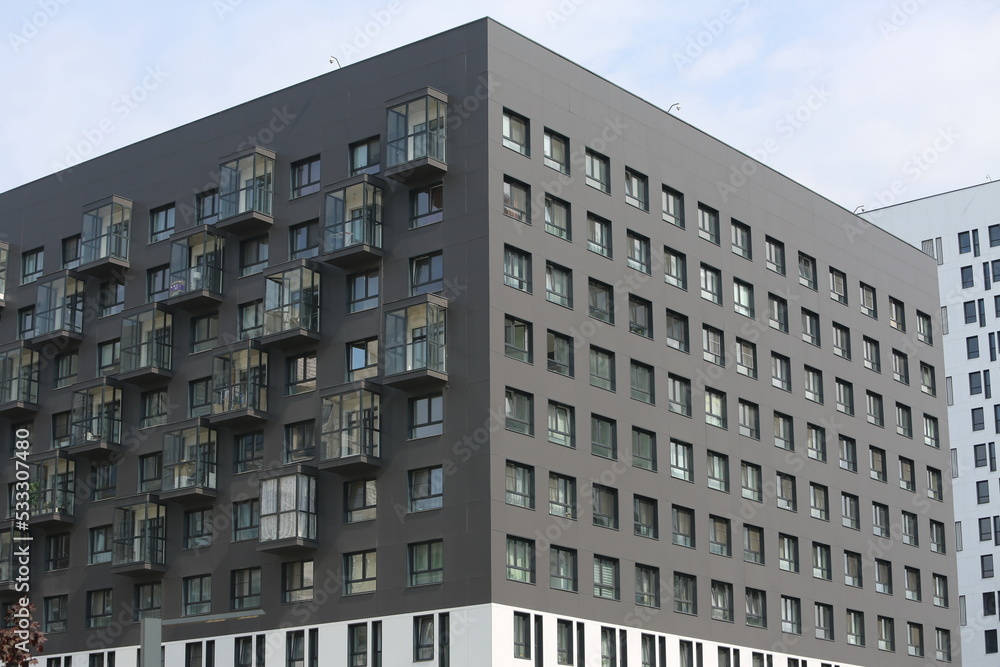 New building facade in housing complex "Green Park. PIK", Moscow city ...