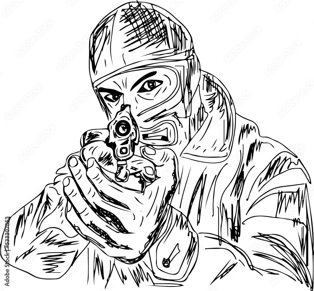 Masked thief showing gun in his hand, Masked criminal with gun outline ...