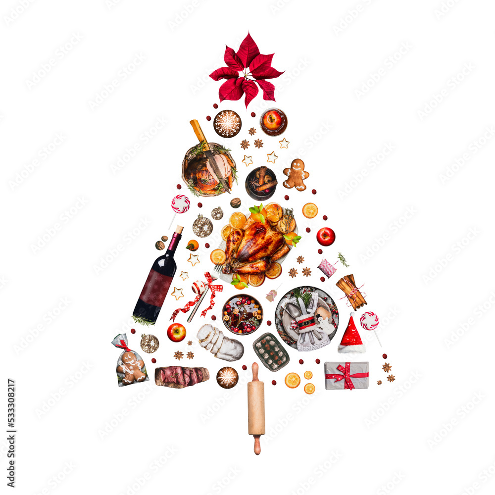 Christmas tree made with various Christmas food: roasted turkey ...