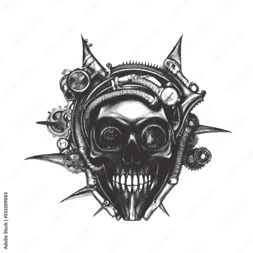 Steampunk skull. Doodle sketch. Vector illustration. Isolated on white ...