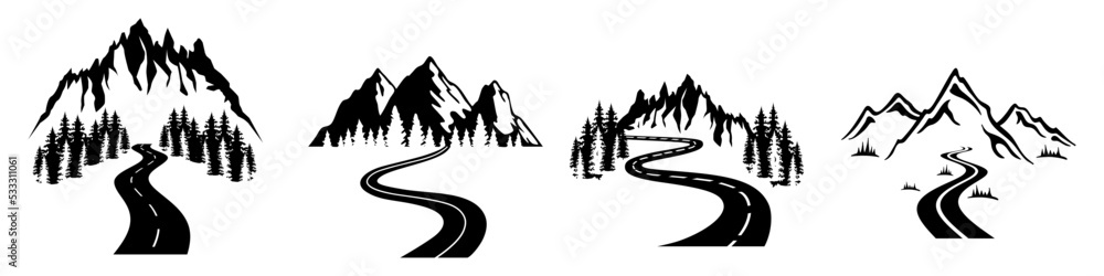 Highway in mountains icon vector set. Forest road illustration sign ...
