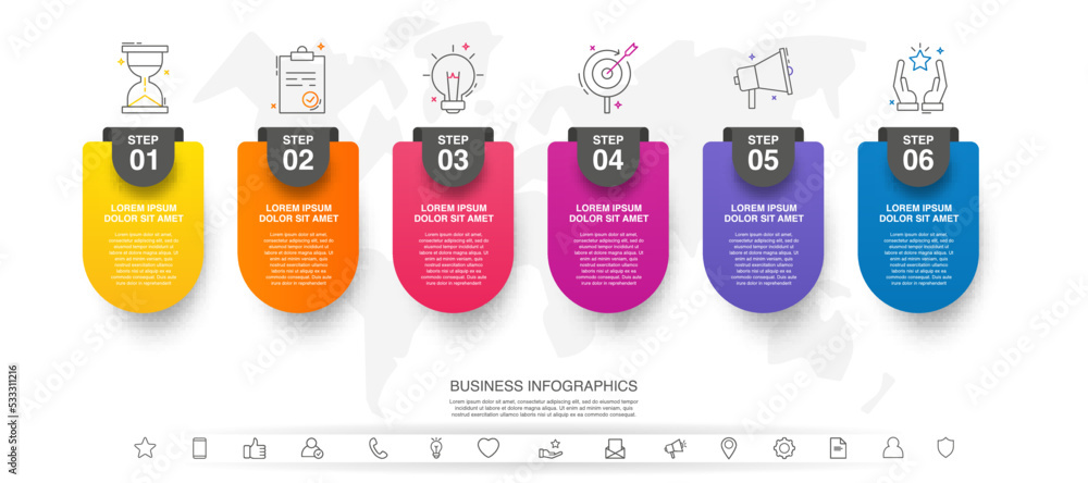 Vector infographic flat template label for six steps, diagram, graph ...
