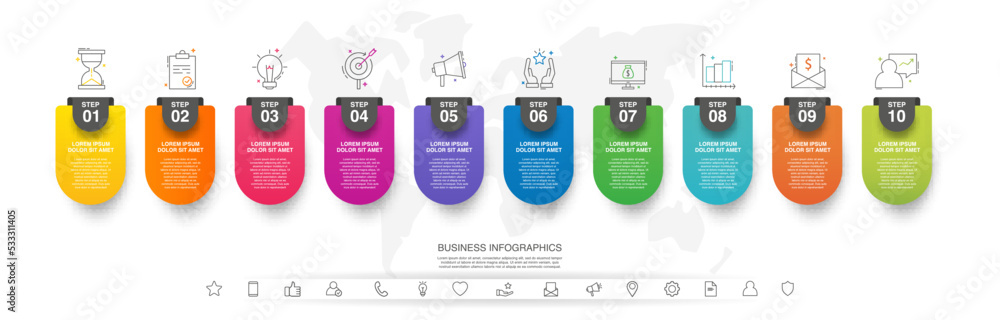 Vector infographic flat template label for ten steps, diagram, graph ...