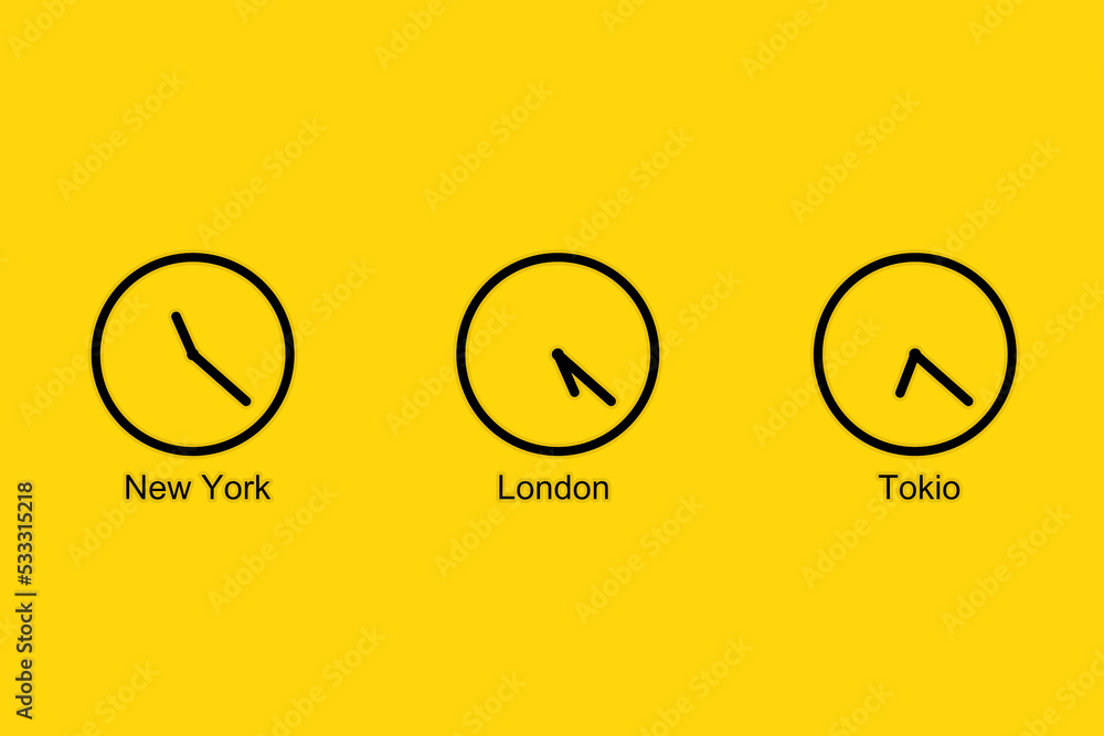 A clock with different time indications on a yellow background. time ...