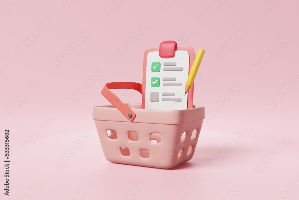 Shopping list with correct mark checkbox paper sheet, pencil, shopping ...