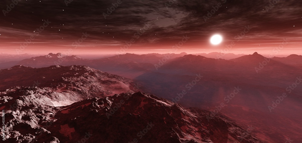Martian landscape, sunset on Mars, Mars at sunrise, panorama of Mars ...