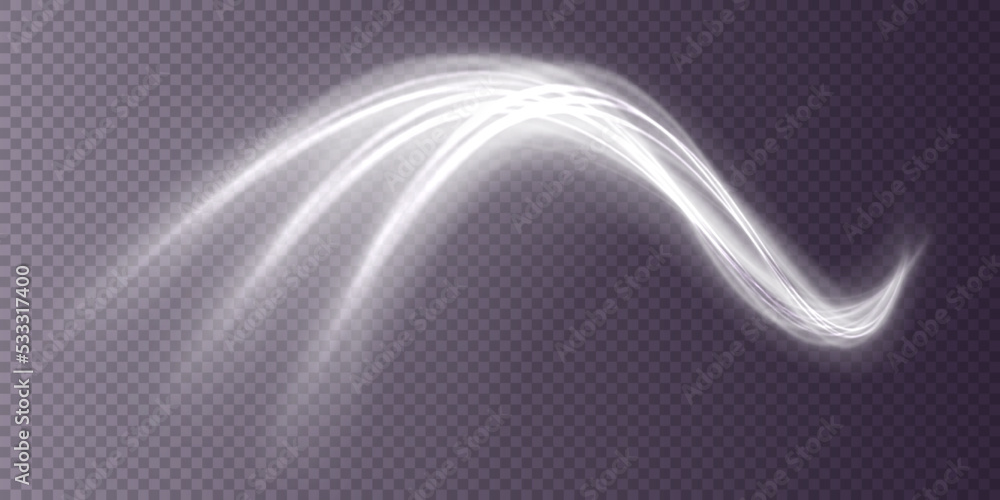 Curve light effect of motion wave. Dynamic white trail, fire path trace ...