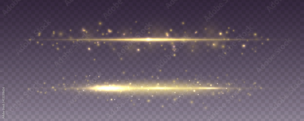 Yellow ray line with electric flash explosion. Gold neon lines speed ...