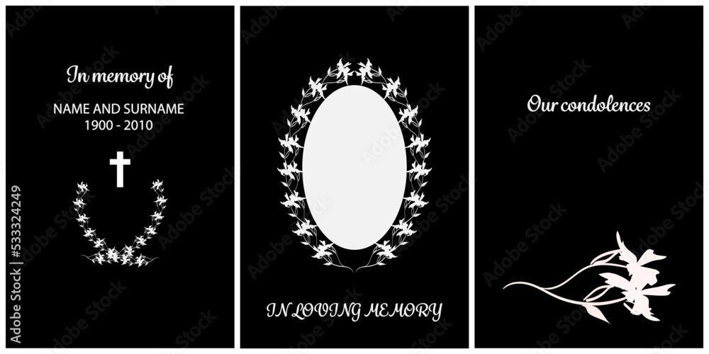 Funeral cards set. Frame In memory of with initials and date of death ...