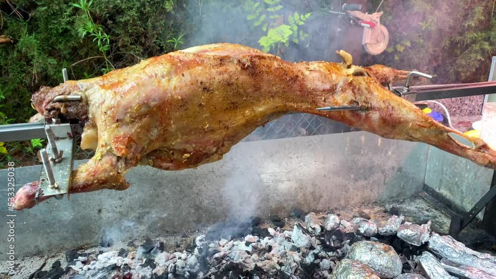 Roasting whole lamb on a spit metal rotating stick over fire, golden ...