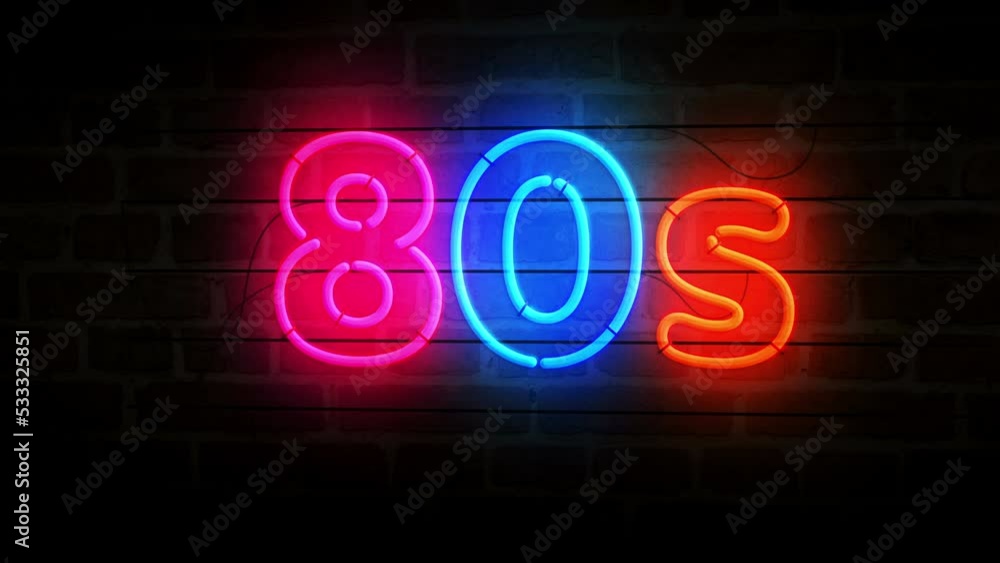 80s neon on brick wall. Retro 1980, eighties nostalgia and vistage ...