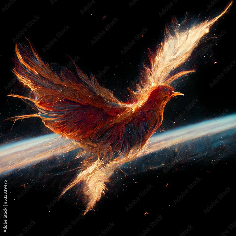 Phoenix flying in the sky, bird in fire, orange and fire wings ...