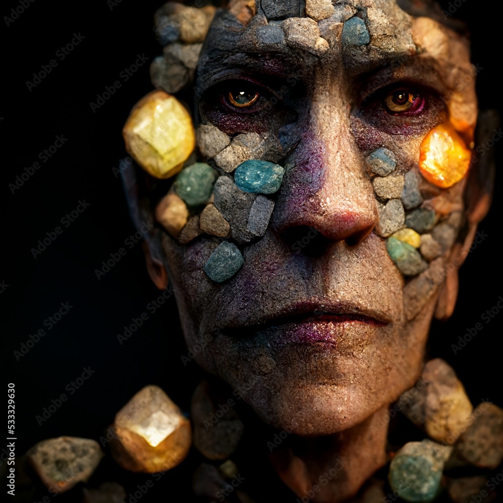 Scary man rocky face with gems incrustated. Gemstones on the skin ...