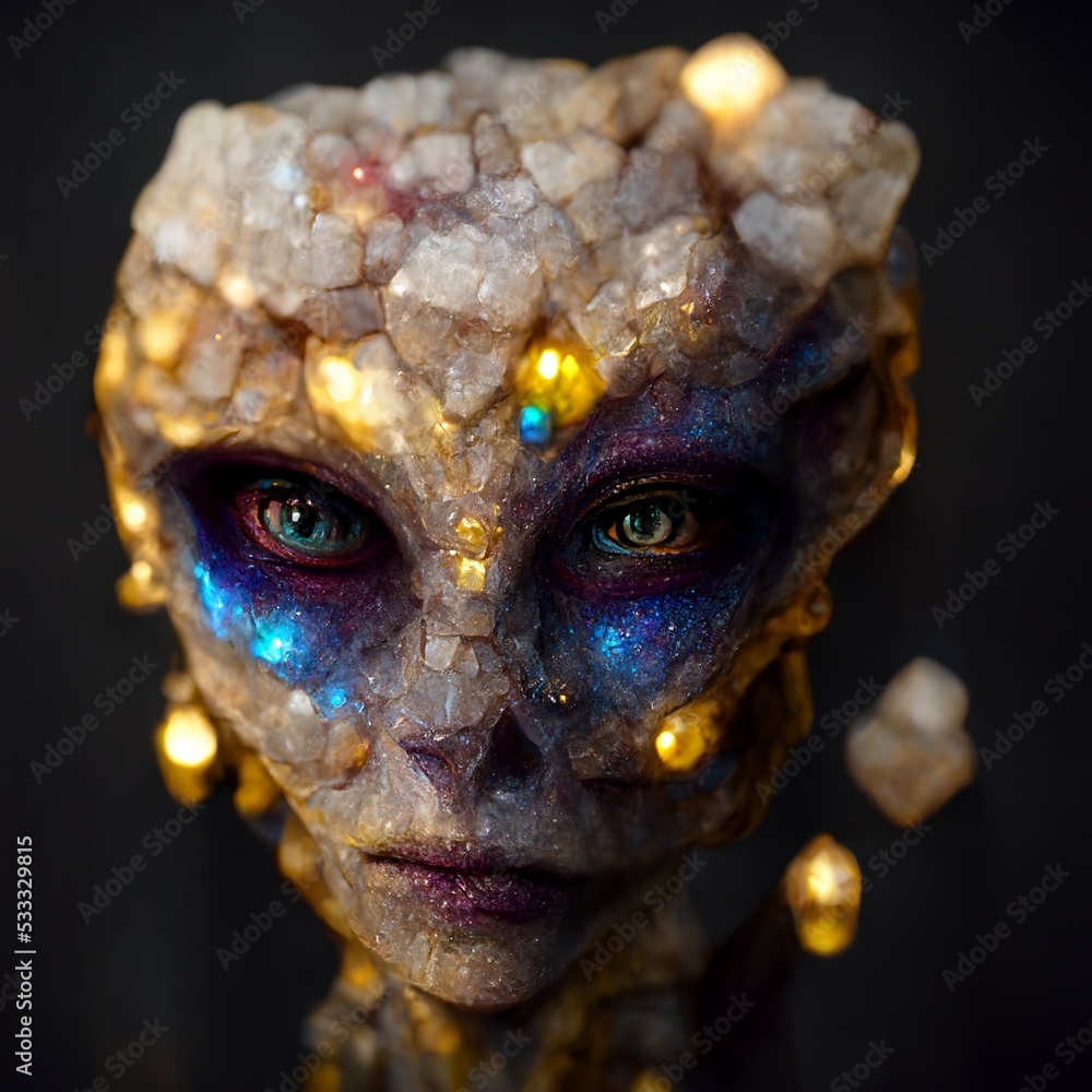 Inhuman face made of rock and precious gemstones. Large dark eyes with ...