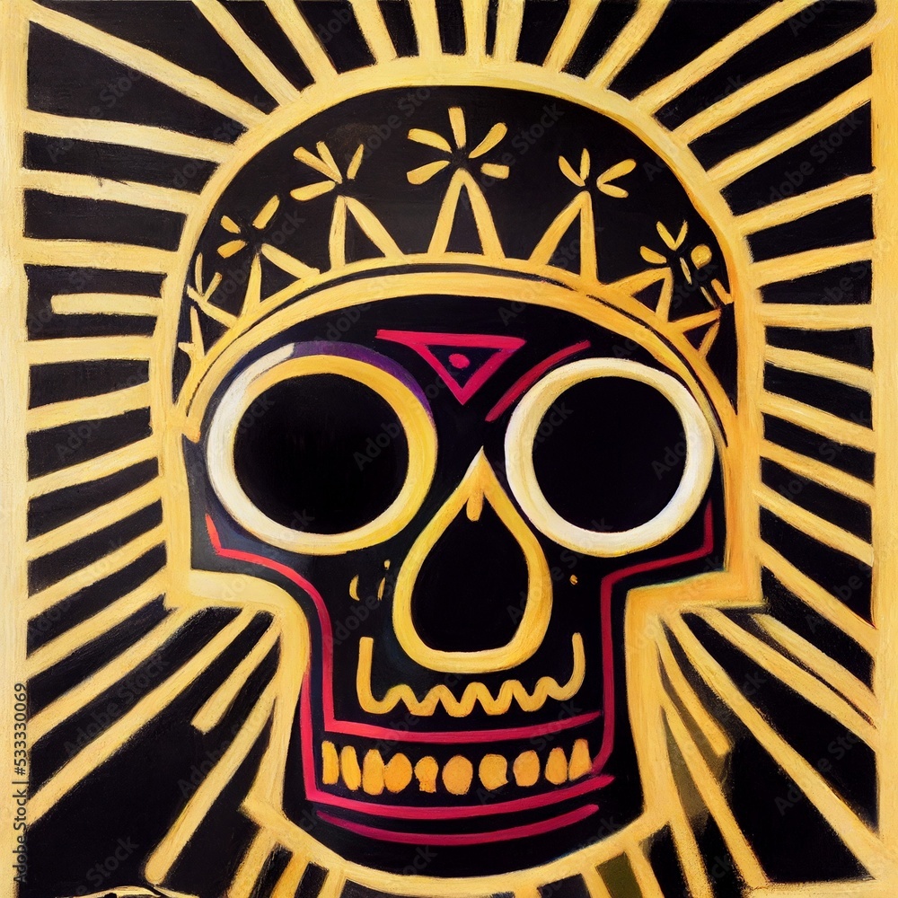 Skull hand drawing, dead face pictogram, inca style, black and gold ...