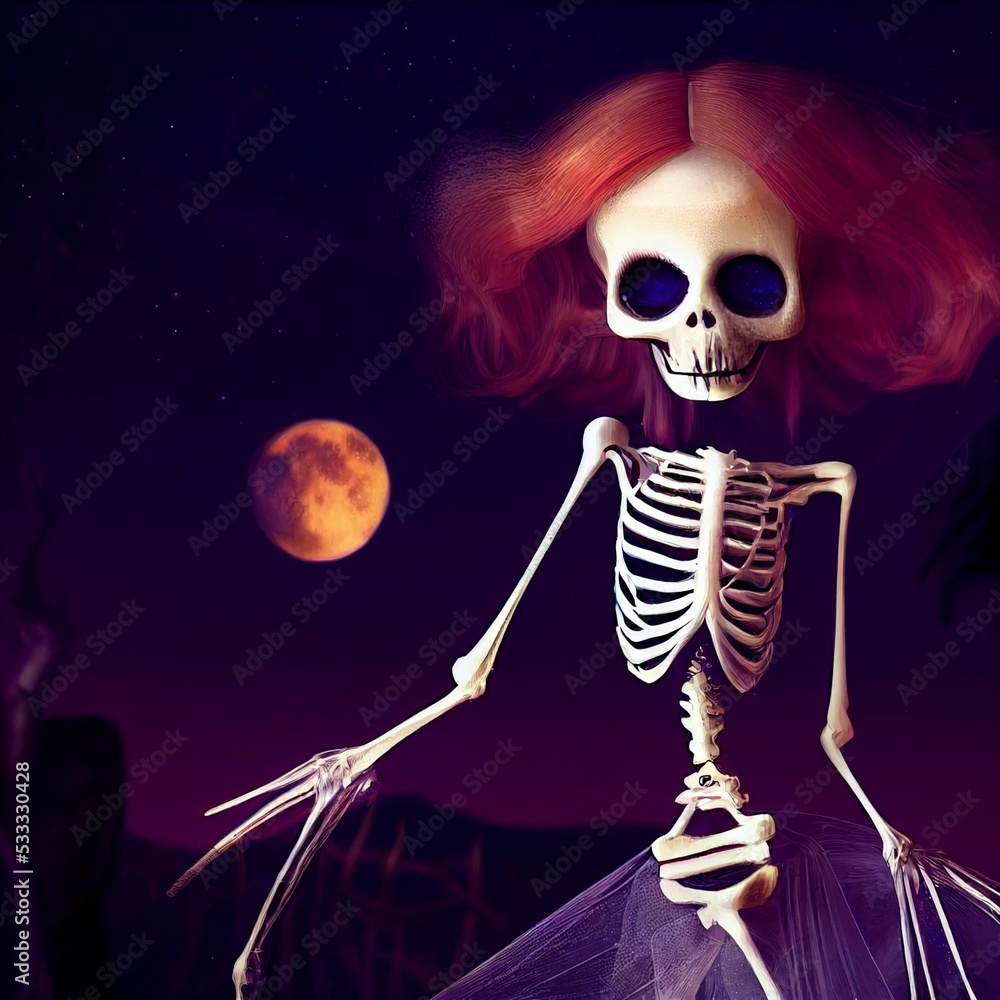 Skeleton dancing in the night, moonlight, 3D design, halloween ...
