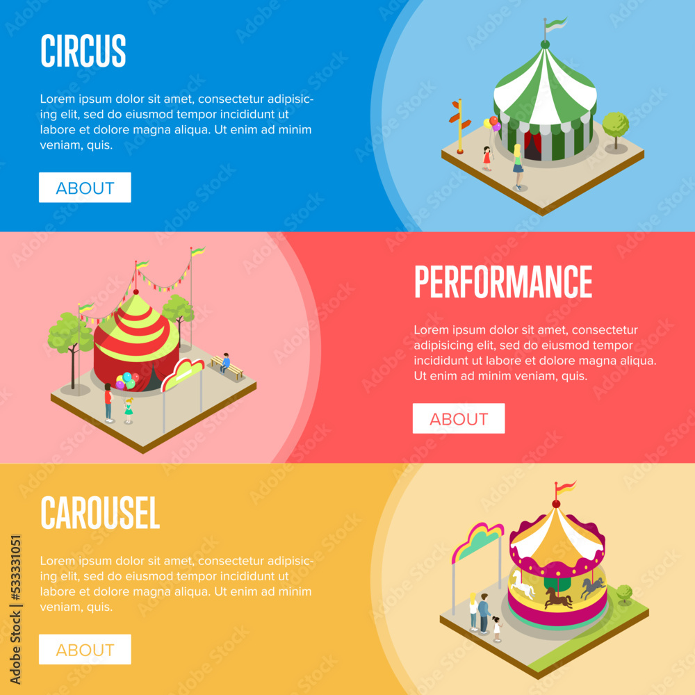 Amusement park isometric horizontal flyers with merry go round carousel ...