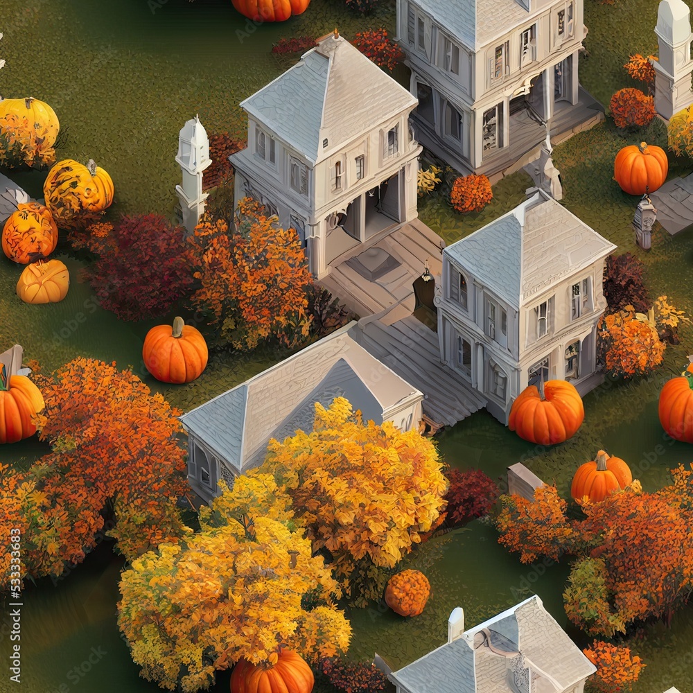 3D isometric road map with victorian houses and carved pumpkins in ...