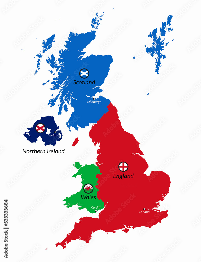 United kingdom map with territories and flags of England, Scotland ...