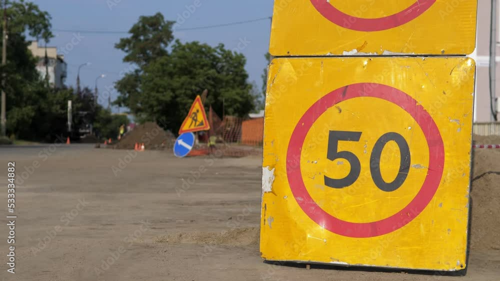 Video Road Sign Speed Limit 50 Km H In Combination With Road Work
