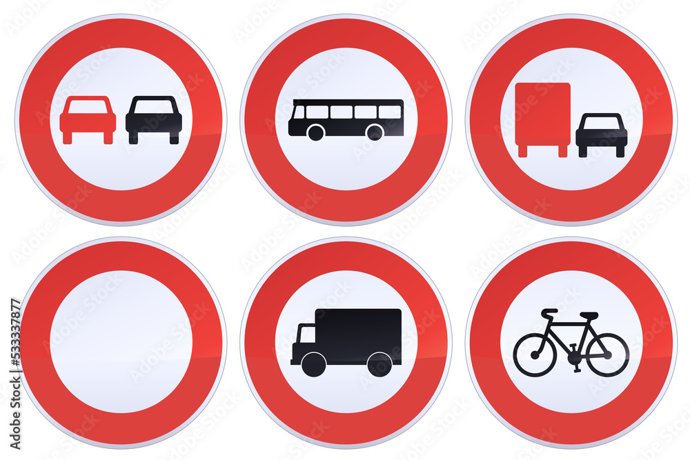 Collection of circular red, black and white road prohibition signs with ...