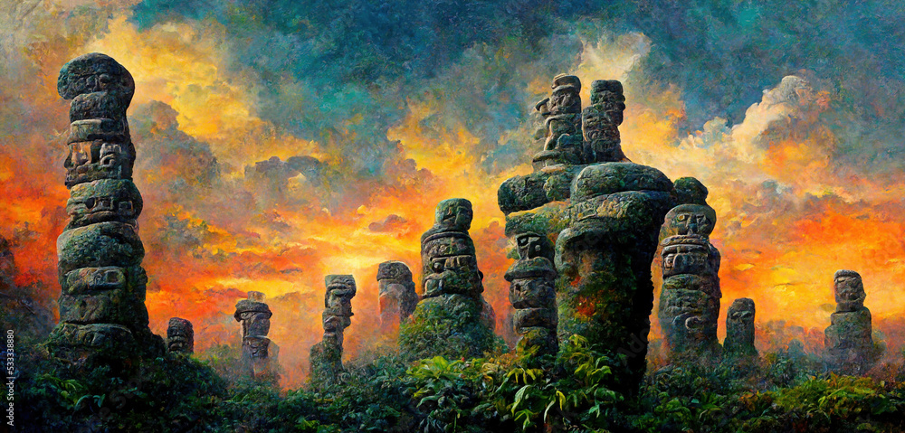 Ancient Aztec stone structures. Stone pillars of the ancient Mexican ...